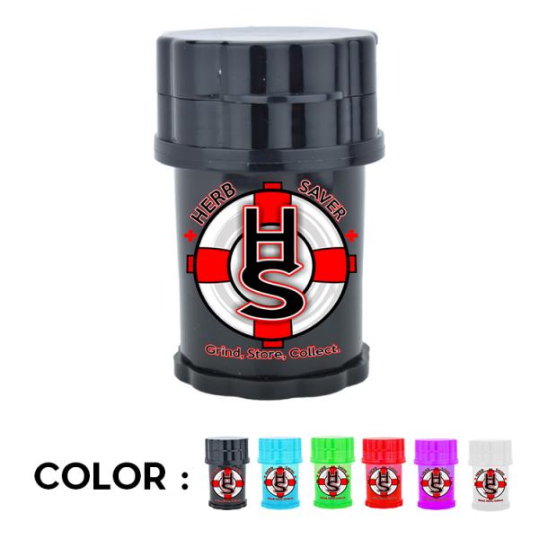 Herb Saver コンテナ一体型ハーブグラインダー ラージ。本体サイズ：直径60mm / 高さ97mm素材：医療グレードPP