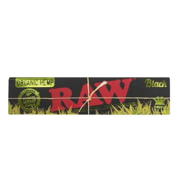 無漂白ペーパーRAW BLACK ORGANIC HEMP キングサイズスリム。ペーパーサイズ：長さ110mm / 幅44mm入数：32枚入り