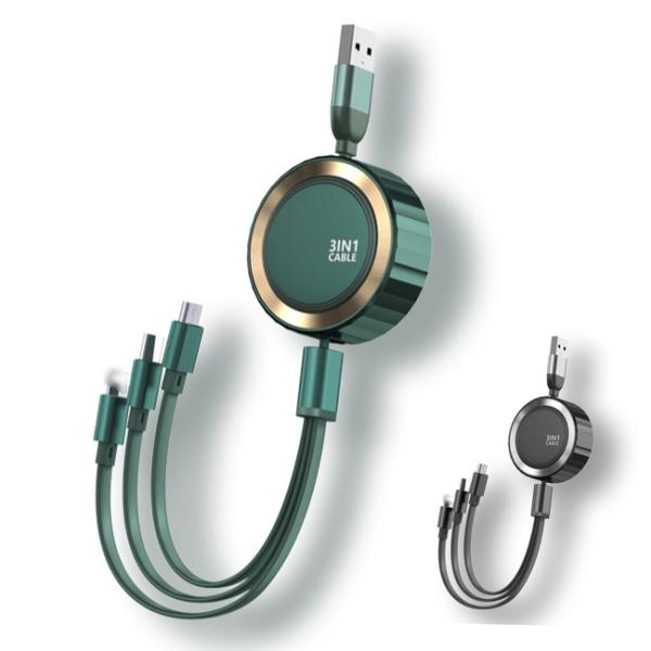 最新型の巻き取り式3in1充電ケーブル、3種類（Lightning Type-C Micro-USB）の 端子を備えた、スマホ（iPhone/Andriod）全機種、モバイルーバッテリー等様々なデバイスに急速充電対応可能です。便利な 3in...