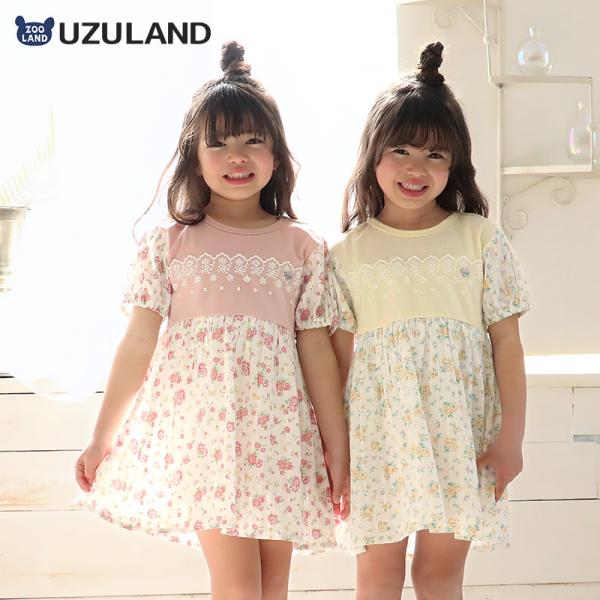 ガールズ ワンピース 半袖 花柄 女の子 キッズ ベビー チャーム付【UZULAND ウズランド】切り替え 袖切替 ジャカード シャツワンピ 半袖ワンピ ブラウス ギャザー ピンク イエロー 女子 可愛い かわいい 80 90 95 100...