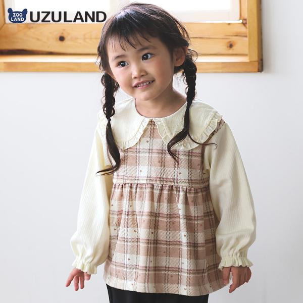 ガールズ ロンT 襟付き ブラウス チェック柄 長袖 Tシャツ ミニ裏毛 テレコ トップス チャーム付き 女の子 キッズ ベビー ( 80-130cm )【 UZULAND ウズランド 】 カットソー チュニック 重ね着風 ピンク アイボリ...