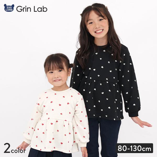 ガールズ トレーナー 裏毛 ハート柄 切替 チュニック風 起毛なし 長袖 スウェット 女の子 プリント 【 GrinLab グリンラボ 】 ガーリー トップス カットソー ロンT インナー ベビー アイボリー ブラック 白 黒 総柄 80 ...
