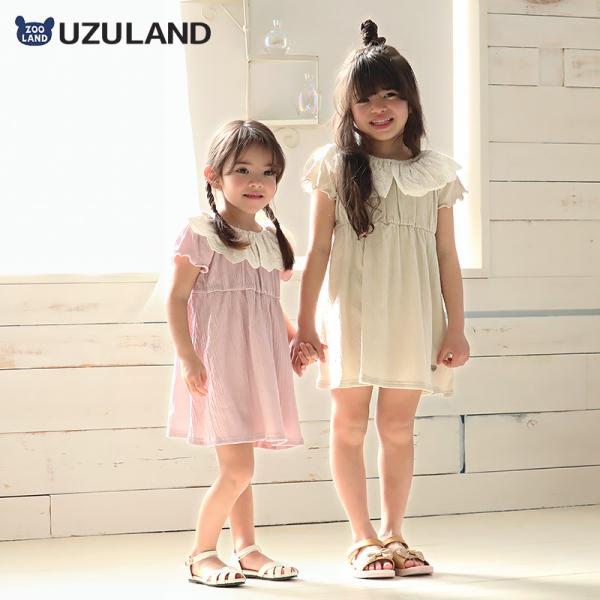 ガールズ ワンピース 半袖 ニット レース 襟付き 女の子 キッズ ベビー チャーム付【UZULAND ウズランド】切り替え シャツワンピ 半袖ワンピ ブラウス ギャザー ピンク ベージュ 女子 可愛い かわいい 80 90 95 100 ...