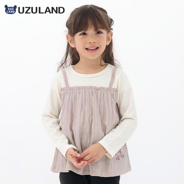 ガールズ ロンT 重ね着風 長袖 Tシャツ 天竺 トップス チャーム付き 女の子 キッズ ベビー 【UZULAND ウズランド】 カットソー ロンt チュニック レイヤード シャツ ブラウス ピンク チャコール 花柄 フラワー 無地 かわい...
