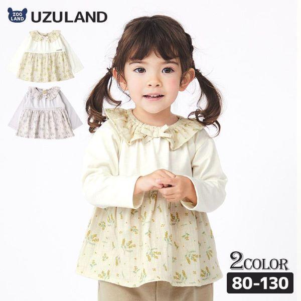 春の新作 ガールズ ロンT 襟付き ブラウス 重ね着風 チュニック 長袖 Tシャツ トップス 女の子 キッズ ベビー ( 80-130cm )【 UZULAND ウズランド 】 長そで 小花柄 切替 ナチュラル かわいい リボン 春物 80...