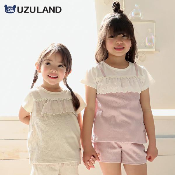 ガールズ Tシャツ 半袖 花柄 レース 重ね着風 女の子 キッズ ベビー チャーム付【UZULAND ウズランド】半袖Tシャツ レーストップス 切り替え ティーシャツ カットソー チュニック フリル フラワー 花 ピンク ベージュ 女子 8...