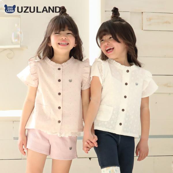 ガールズ アウター 半袖 カーディガン レース ポケット付 女の子 キッズ ベビー チャーム付【UZULAND ウズランド】半袖 羽織り ボタン開き 切り替え シャツ フリル ブラウス ピンク オフホワイト 白 女子 可愛い かわいい 80...