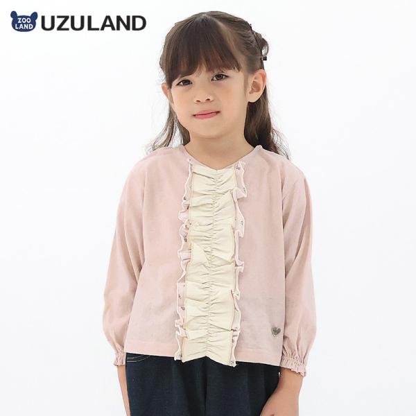 ガールズ ロンT 重ね着風 フリル 花柄 長袖 Tシャツ 天竺 ジャカード トップス チャーム付き 女の子 キッズ ベビー 【UZULAND ウズランド】 カットソー ロンt チュニック レイヤード ブラウス ピンク アイボリー フラワー ...