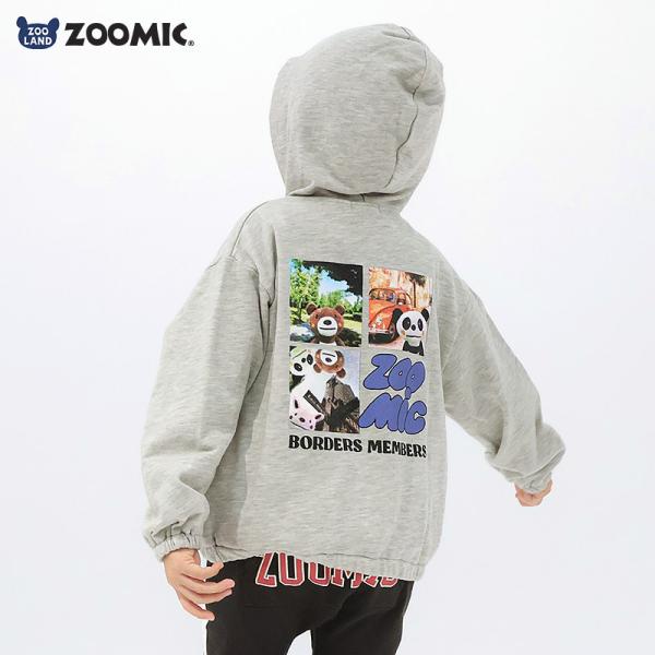 キッズ ジップパーカー 長袖 裏毛 スウェット アニマル 動物 くま パンダ 男の子 女の子【ZOOMIC ズーミック】 ベビー トップス カットソー プリント バックプリント 肩ボタン ポケット キャラクター 車 くるま グレー ベージュ...