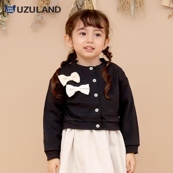 ガールズ カーディガン 長袖 リボン デザイン ポンチ 起毛なし 女の子 キッズ ベビー チャーム付 【UZULAND ウズランド】フォーマル ボタン開き 袖リブ 切替 アウター 羽織 アイボリー ブラック 女子 入学式 入園式 卒業式 卒...