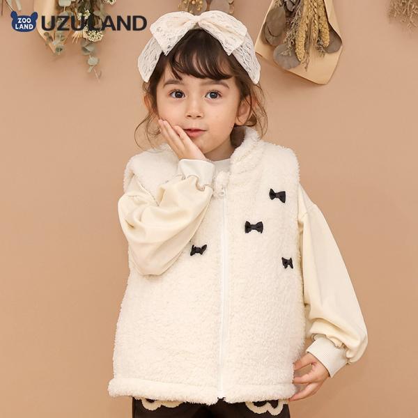 ガールズ 中綿ベスト リボン デザイン 保温 防寒 暖かい マイクロファイバー タフタ 切替 女の子 キッズ ベビー チャーム付き 【UZULAND ウズランド】ジップ ファスナー 重ね着 レイヤード アウター 羽織 アイボリー ピンク 女...