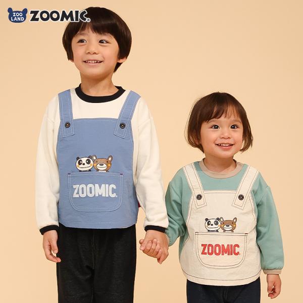 キッズ ロンT 長袖 Tシャツ ベビー服 トップス アニマル 動物 くま パンダ 男の子 女の子 【ZOOMIC ズーミック】 重ね着風 オーバーオール風 レイヤード風 裾プリント 配色 切替 肩ボタン カットソー かわいい 可愛い キャラ...