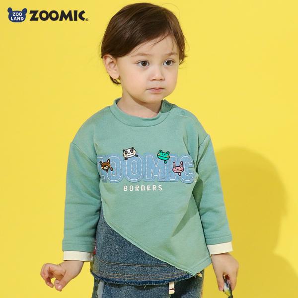 キッズ トレーナー 長袖 スウェット 裏毛 フロントポケット風 デニム切替 ベビー服 トップス アニマル 動物 くま パンダ 男の子 女の子 【ZOOMIC ズーミック】 インディゴ ロゴプリント 配色 肩ボタン カットソー かわいい 可愛...