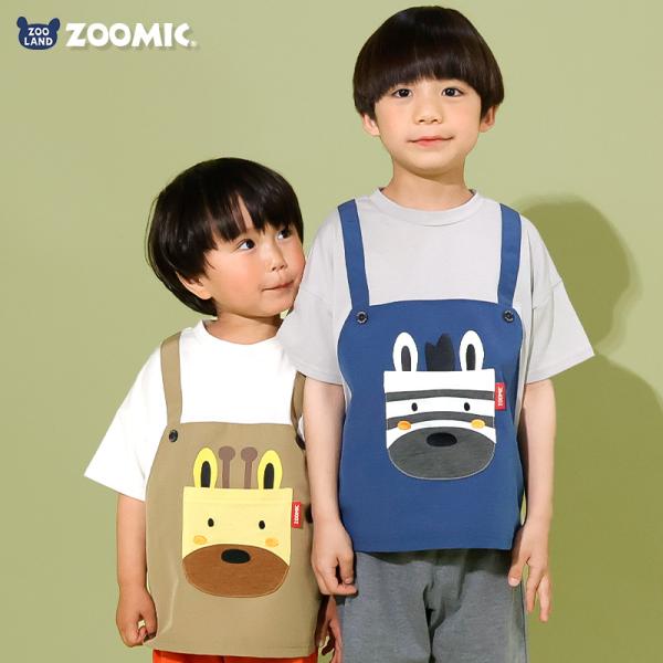 キッズ Tシャツ 半袖 キリン しまうま くま パンダ 重ね着風 オーバーオール風 アニマル  動物 クマ 男の子 女の子 ZOOMIC ズーミック ベビー トップス カットソー エプロン風 キャラクター バックプリント 動物園 ネイビー ...