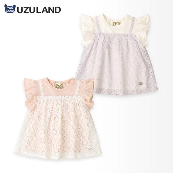 ガールズ Tシャツ 半袖 重ね着風 レース ギャザー 切替 チュニック風 女の子 キッズ ベビー チャーム付 【UZULAND ウズランド】 半袖Tシャツ トップス カットソー 天竺 無地 ピンク ラベンダー 80 90 95 100 11...