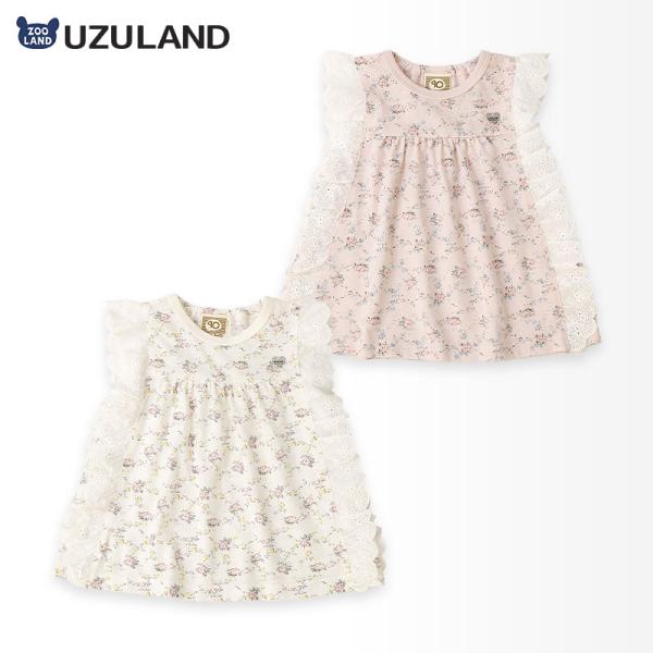 ガールズ トップス ノースリーブ 花柄 フリル 切替 チュニック風 女の子 キッズ ベビー チャーム付 【UZULAND ウズランド】 タンクトップ Tシャツ 袖なし カットソー ジャカード フラワー 花 総柄 アイボリー ピンク 80 9...