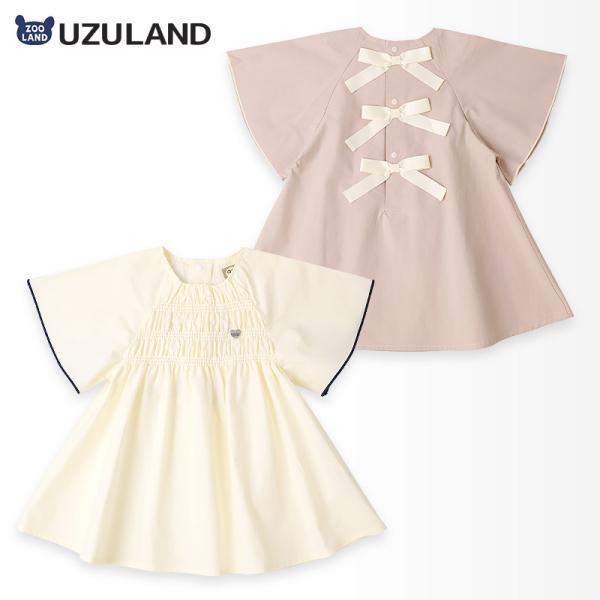 ガールズ ワンピース 半袖 シャツワンピ ギャザー リボン 綿100% コットン 女の子 キッズ ベビー 【UZULAND ウズランド】 切り替え 半袖ワンピ オールインワン スカート ブラウス ピンク クリーム 女子 可愛い かわいい 8...