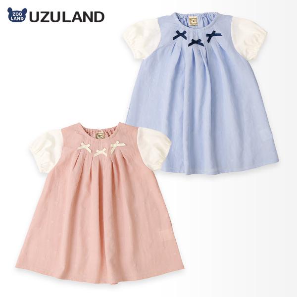 ガールズ ワンピース 半袖 シャツワンピ 涼しい パフスリーブ ギャザー リボン 女の子 キッズ ベビー 【UZULAND ウズランド】 切り替え 半袖ワンピ オールインワン スカート ブラウス ピンク サックス 女子 可愛い かわいい 8...