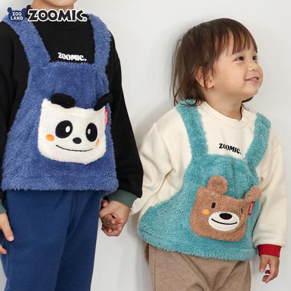 キッズ トレーナー 長袖 裏起毛 オーバーオール風 ポケット付き ベビー スウェット トップス アニマル 動物 くま パンダ 男の子 女の子 【ZOOMIC ズーミック】 パイル マイクロファイバー フリース 肩ボタン 暖かい かわいい 可...