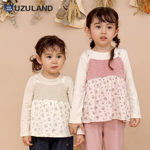 ガールズ ロンT Tシャツ 長袖 重ね着風 チュニック 女の子 キッズ ベビー チャーム付【UZULAND ウズランド】長袖Tシャツ 起毛 異素材 切替 天竺 ジャカード 花柄 小花 フラワー ティーシャツ カットソー ベージュ ピンク 女...