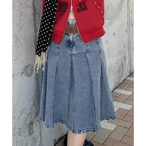 ZOZO問い合わせ番号:101134967ショップ:JEANASIS，ジーナシスブランド:JEANASIS，ジーナシス商品名:【25quee】スタッズデニムプリーツミディスカート/636464カテゴリ:スカート>デニムスカートブランド...