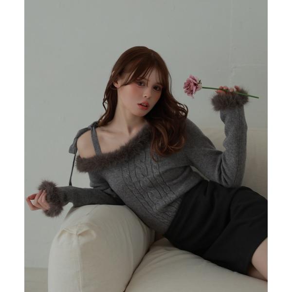 ZOZO問い合わせ番号:101187210ショップ:Lace Ladies，レースレディースブランド:M DOLLY，エムドリー，Lace Ladies，レースレディース商品名:fur ribbon rafia knit tops/ファーリ...