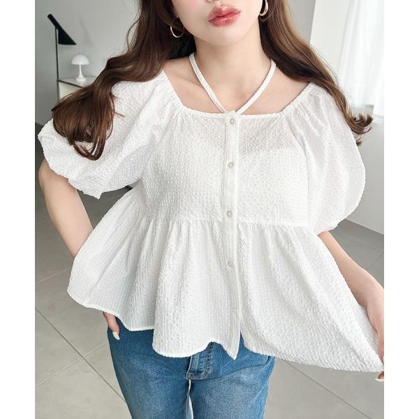 ZOZO問い合わせ番号:101276160ショップ:moment+，モーメントプラスブランド:moment+，モーメントプラス商品名:チョーカー付き半袖バルーンスリーブペプラムブラウスカテゴリ:トップス>シャツ/ブラウスブランド品番:...