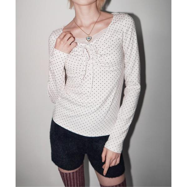 ZOZO問い合わせ番号:101285463ショップ:Port，ポートブランド:IMARI，イマリ商品名:【 IMARI / イマリ 】 シャーリング リボン ドット ロンT #カテゴリ:トップス>Tシャツ/カットソーブランド品番:IM...