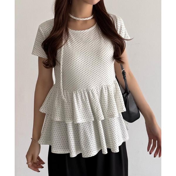 ZOZO問い合わせ番号:101450108ショップ:junoah，ジュノアブランド:callautia，カラウティア商品名:リボンドットティアードトップスカテゴリ:トップス>Tシャツ/カットソーブランド品番:frca034-630素材...