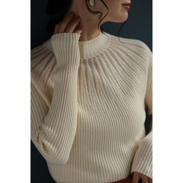 ZOZO問い合わせ番号:101655621ショップ:FRENCH PAVE，フレンチパヴェブランド:CAWAII，カワイイ商品名:降り注ぐオーロラビジューの流線ラインリブカットソートップスカテゴリ:トップス>Tシャツ/カットソーブラン...