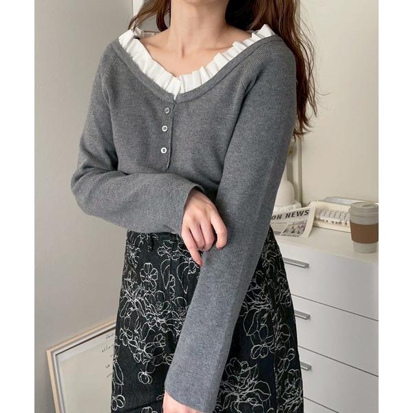 ZOZO問い合わせ番号:101690559ショップ:merrylatte，メリーラテブランド:merrylatte，メリーラテ商品名:フリル付きヘンリーネックニットプルオーバー【NOUA】カテゴリ:トップス>ニット/セーターブランド品...