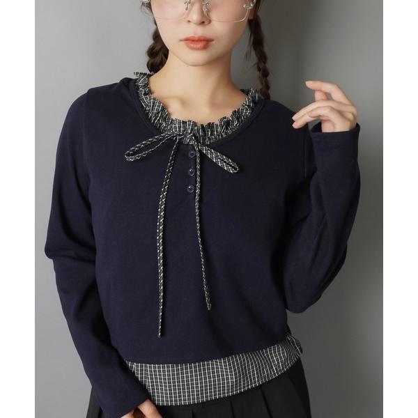 ZOZO問い合わせ番号:101692786ショップ:SPINNS，スピンズブランド:SPINNS，スピンズ商品名:重ね着いらずで即可愛い♪リボン付きレイヤード風カットソーカテゴリ:トップス>Tシャツ/カットソーブランド品番:25102...