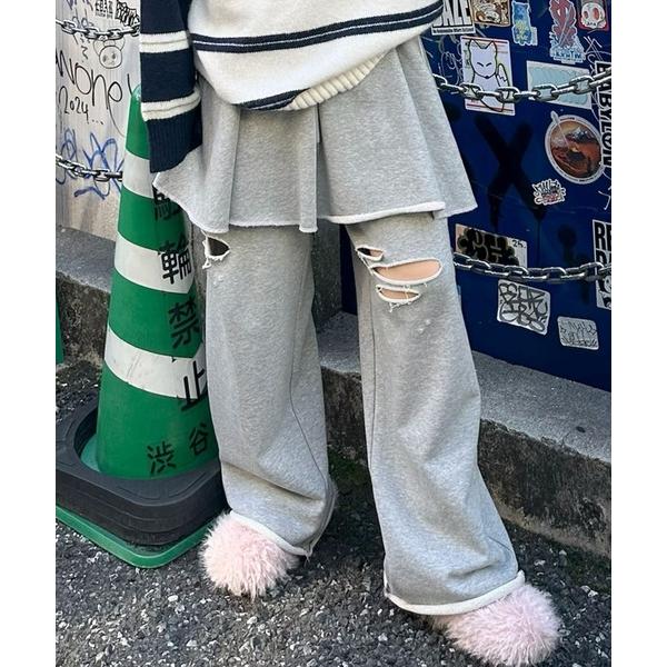 ZOZO問い合わせ番号:101764038ショップ:Alley Tokyo，アリートーキョーブランド:Alley Tokyo，アリートーキョー商品名:ダメージスウェパンとフレアスカートのセットカテゴリ:パンツ>スウェットパンツブランド...