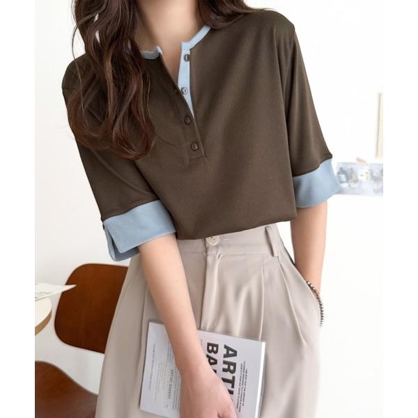 『タイムセール実施中』ZOZO問い合わせ番号:101764222ショップ:Classical Elf，クラシカルエルフブランド:classicalelf，クラシカルエルフ商品名:大人の色魅せ、軽やかに映える。ヘンリーネック袖配色切り替え半袖...