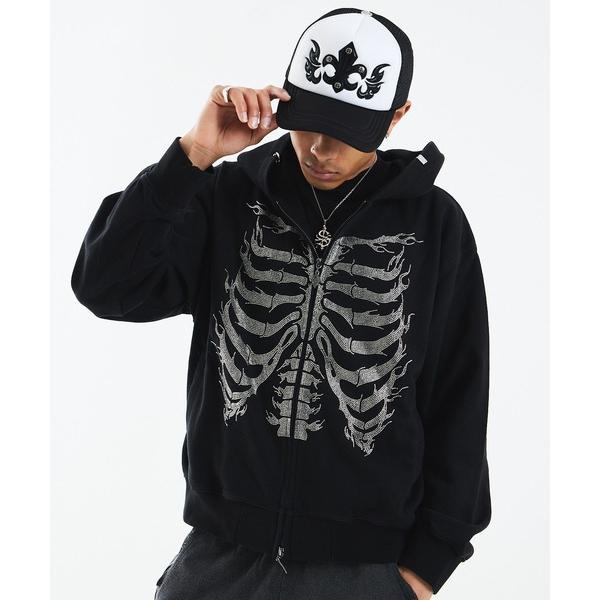 ZOZO問い合わせ番号:101795955ショップ:SUPPLIER，サプライヤーブランド:SUPPLIER，サプライヤー商品名:ジップフーディ｜Fire Skeleton Rhinestone Zip Hoodie｜SUPPLIERカテゴ...