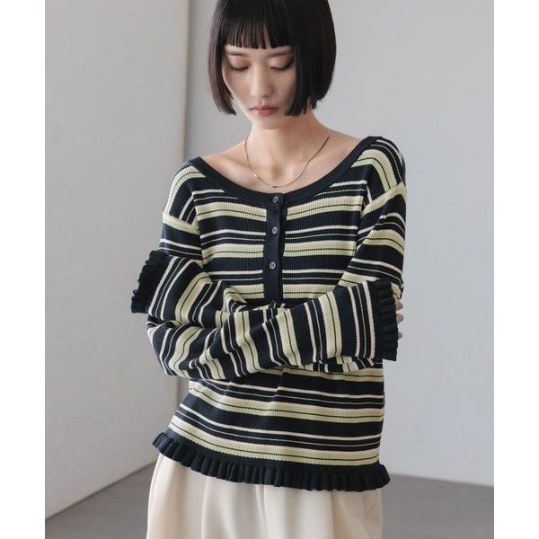 ZOZO問い合わせ番号:101965971ショップ:LOWRYS FARM，ローリーズファームブランド:LOWRYS FARM，ローリーズファーム商品名:マルチボーダーフリルタイトＬＳ　642942カテゴリ:トップス>ニット/セーター...