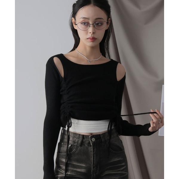 ZOZO問い合わせ番号:102140561ショップ:Ulysses，ユリシスブランド:Ulysses，ユリシス商品名:シャーリングリボン付きカットアウトリブニットカテゴリ:トップス>ニット/セーターブランド品番:DSY26S001素材...