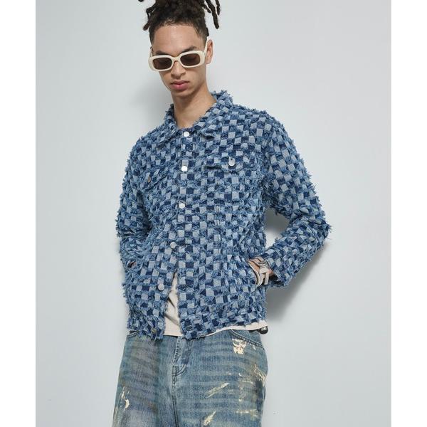 ZOZO問い合わせ番号:102140662ショップ:Auntie Rosa，アンティローザブランド:BLANK HOTEL，ブランクホテル商品名:Checker Raw Edge Trucker Jacket / チェッカーフリンジトラッカ...