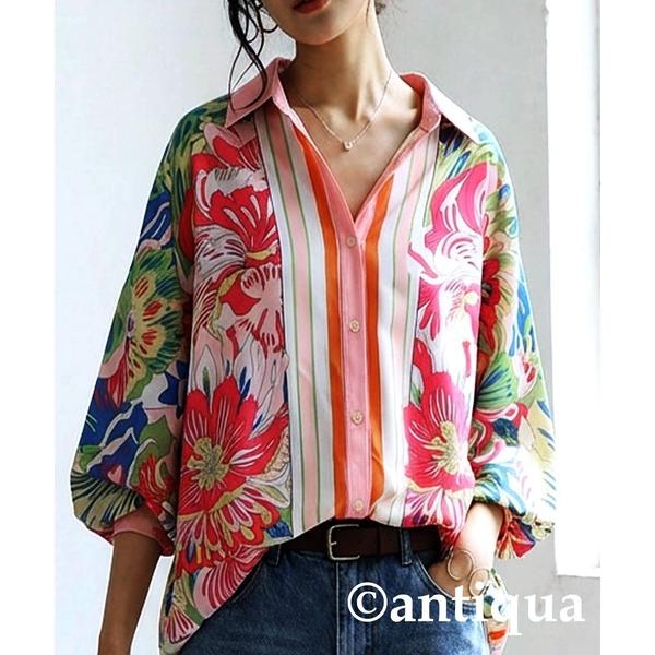 ZOZO問い合わせ番号:102306921ショップ:antiqua，アンティカブランド:antiqua，アンティカ商品名:花柄 ストライプ シャツカテゴリ:トップス>シャツ/ブラウスブランド品番:ANS-00011素材:表地：ポリエス...