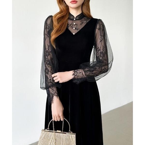 『タイムセール実施中』ZOZO問い合わせ番号:102342371ショップ:Ada.，エイダブランド:COCOMOMO，ココモモ商品名:上品な透け感とベロアの艶で魅せる大人の一着。 シアースリーブベロアパーティードレス レース ベロア パーテ...