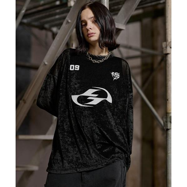 ZOZO問い合わせ番号:102507170ショップ:LILL，リルブランド:ERAR，エラー商品名:【ERAR】タトゥーライクハート刺繍ベロアメッシュロンTカテゴリ:トップス>Tシャツ/カットソーブランド品番:er250881素材:ポ...