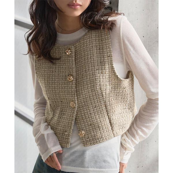 ZOZO問い合わせ番号:102507192ショップ:kobelettuce，コウベレタスブランド:KOBE LETTUCE，コウベレタス商品名:ゴールドボタンツイードベストカテゴリ:トップス>ベストブランド品番:C7773素材:ポリエ...