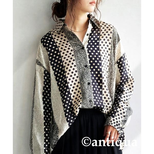 ZOZO問い合わせ番号:102705853ショップ:antiqua，アンティカブランド:antiqua，アンティカ商品名:ドット柄 切り替え シャツカテゴリ:トップス>シャツ/ブラウスブランド品番:ANS-00002素材:表地：綿10...