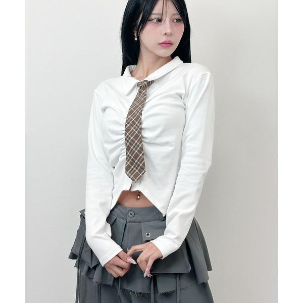 ZOZO問い合わせ番号:102861047ショップ:FOLLOWIN，フォロウィンブランド:FOLLOWIN，フォロウィン商品名:Y2Kチェックネクタイ付き シャーリングトップスカテゴリ:トップス>Tシャツ/カットソーブランド品番:F...