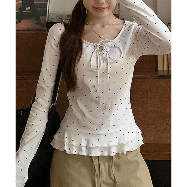 ZOZO問い合わせ番号:103006453ショップ:CERCA，チェルカブランド:Nia，ニア商品名:Nia(ニア)/リボン付きドット柄フリルトップスカテゴリ:トップス>Tシャツ/カットソーブランド品番:MM-702素材:ポリエステル...