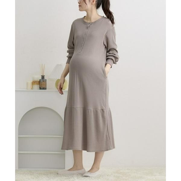 ZOZO問い合わせ番号:103006918ショップ:nissen，ニッセンブランド:QUNTSTYLE，キュントスタイル商品名:ワッフル　裾ティアード長袖ネグリジェ　マタニティ　産前　産後カテゴリ:ママ＆ベビー>マタニティウェア/グッ...