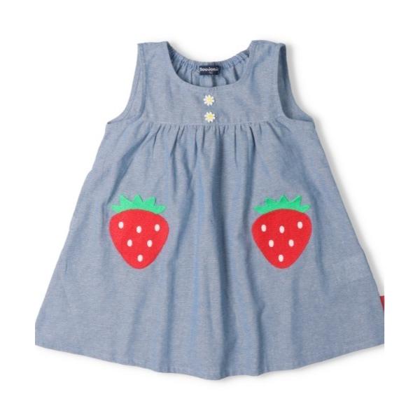 ZOZO問い合わせ番号:103124154ショップ:こどもの森e-shop，コドモノモリイーショップブランド:moujonjon，ムージョンジョン商品名:いちごモチーフ付ダンガリージャンパースカートカテゴリ:ワンピース/ドレス>ジャン...