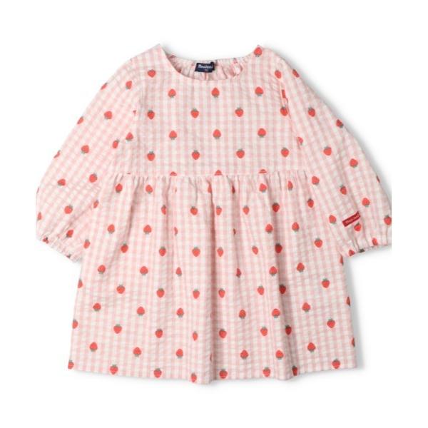 ZOZO問い合わせ番号:103124156ショップ:こどもの森e-shop，コドモノモリイーショップブランド:moujonjon，ムージョンジョン商品名:いちご・小花柄ギンガムチェック柄長袖ワンピースカテゴリ:ワンピース/ドレス>ワン...
