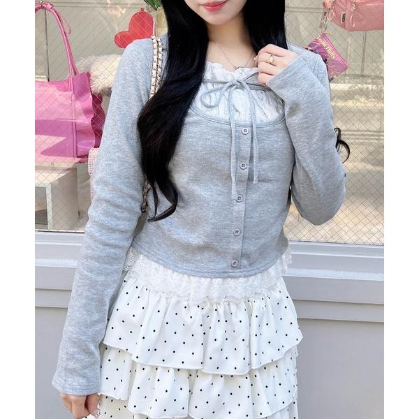 ZOZO問い合わせ番号:103314120ショップ:INGNI，イングブランド:INGNI，イング商品名:レースレイヤード風リボン付きリブトップスカテゴリ:トップス>Tシャツ/カットソーブランド品番:1261-100120素材:本体:...