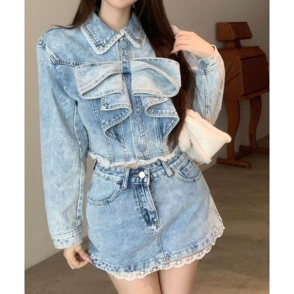 『セール実施中』ZOZO問い合わせ番号:103357175ショップ:DIAVEL，ディアベルブランド:ViViDAY，ビビデー，DIAVEL，ディアベル商品名:【上下2点セット】フロントビッグリボン　襟レース切り替え　デニムショートジャケッ...